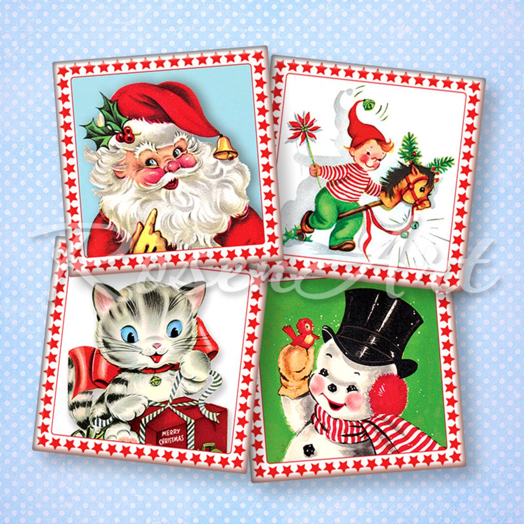 Retro Christmas Digital Collage Sheet 1" Square Images 1x1 Inch 1.5" 7/ ...