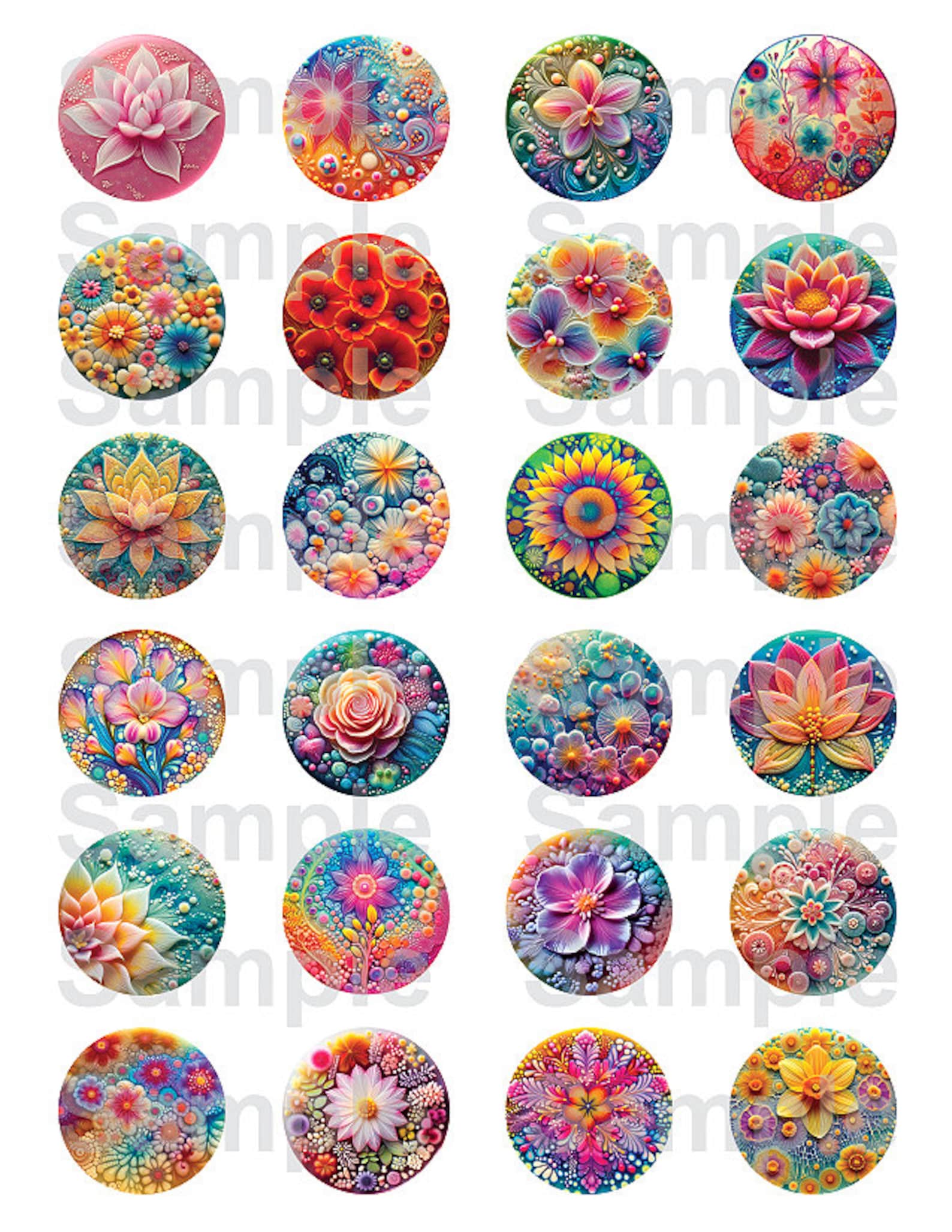 Floral Art 1 Inch Circles, 30mm, 25mm, 1.25", 1.5" Round Printable ...