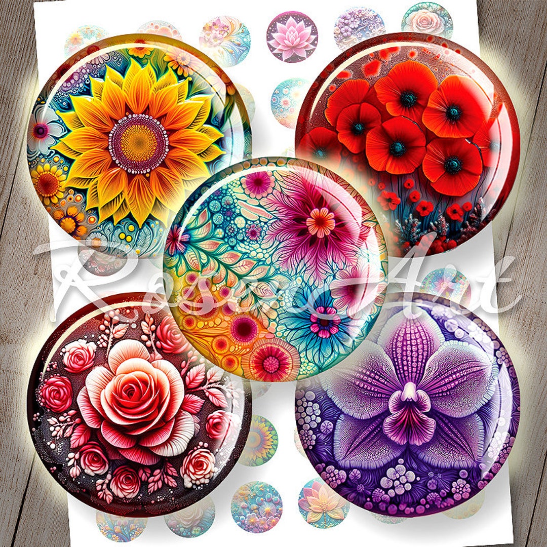 Floral Art 1 Inch Circles, 30mm, 25mm, 1.25", 1.5" Round Printable ...