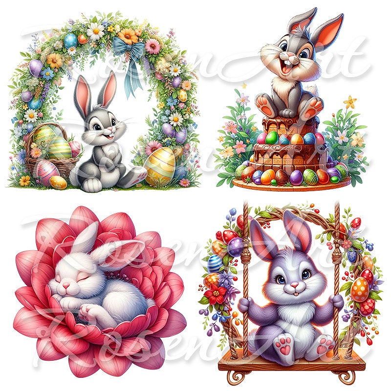 Cute Easter Bunny Clipart Transparent PNG Bundle Rabbit Watercolor ...