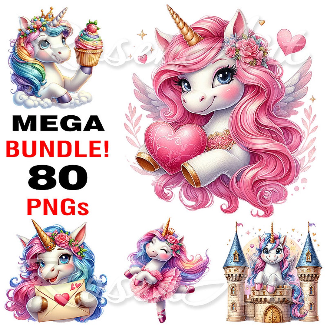 Cute Valentine Unicorns Clipart Transparent PNG Bundle, Watercolor ...
