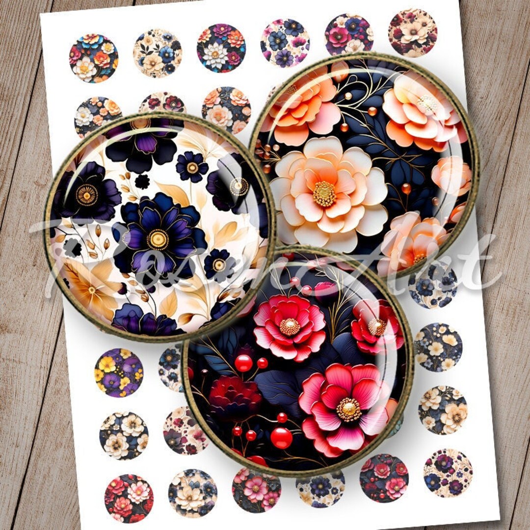 Floral Art 1 Inch Circles, 30mm, 25mm, 1.25", 1.5" Round Printable ...