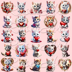 Valentine Cats & Kittens Clipart Transparent PNG Bundle Instant Digital ...