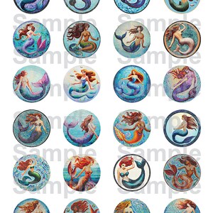 Mosaic Mermaid 1 Inch Circles Digital Collage Sheet 1" Bottle Cap ...
