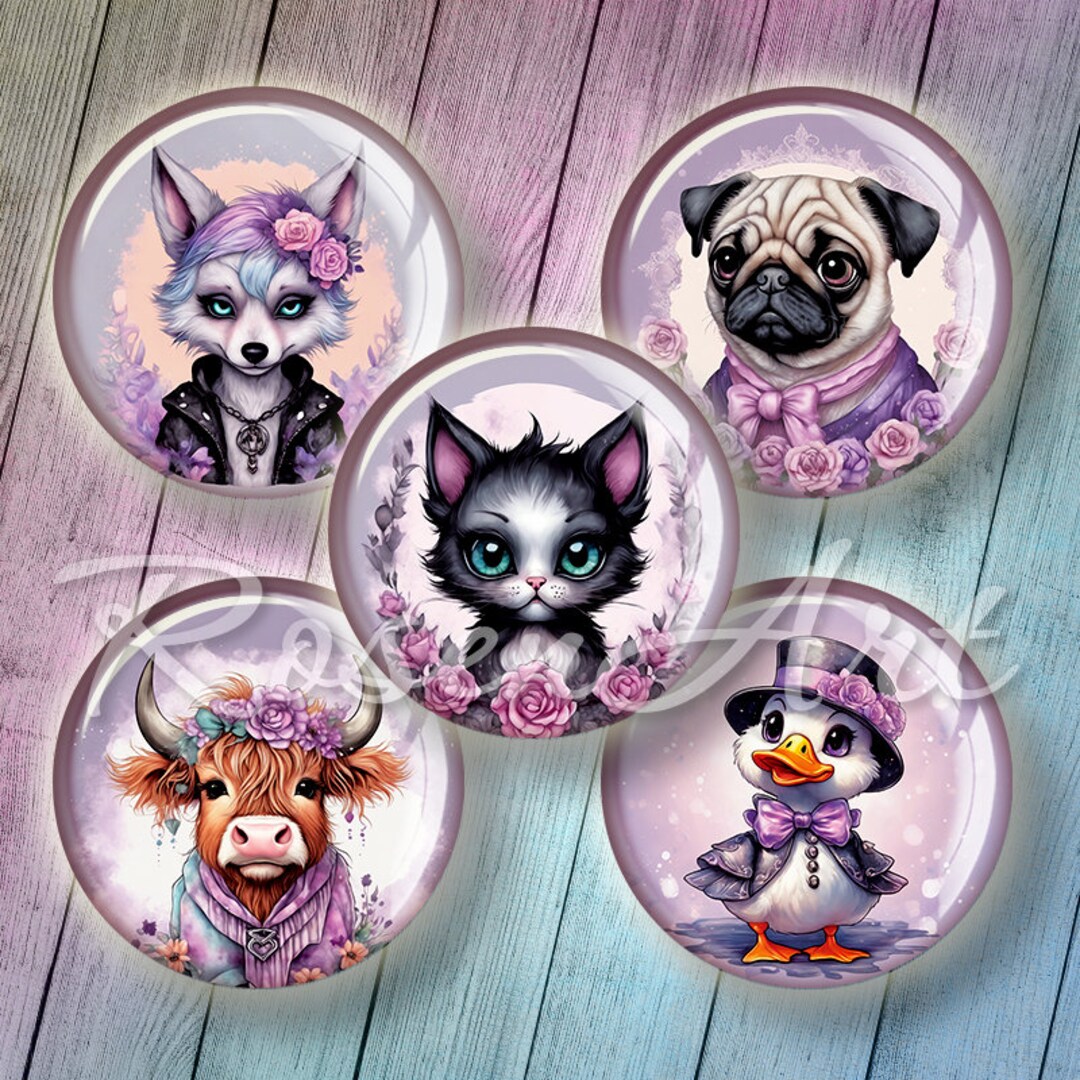 Pastel Goth Animals 1 Inch Circles Cat Bottle Cap Images 25 30mm 1.25 ...