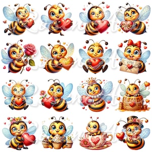 Cute Valentine Bees Clipart Transparent PNG Bundle Watercolor Printable ...