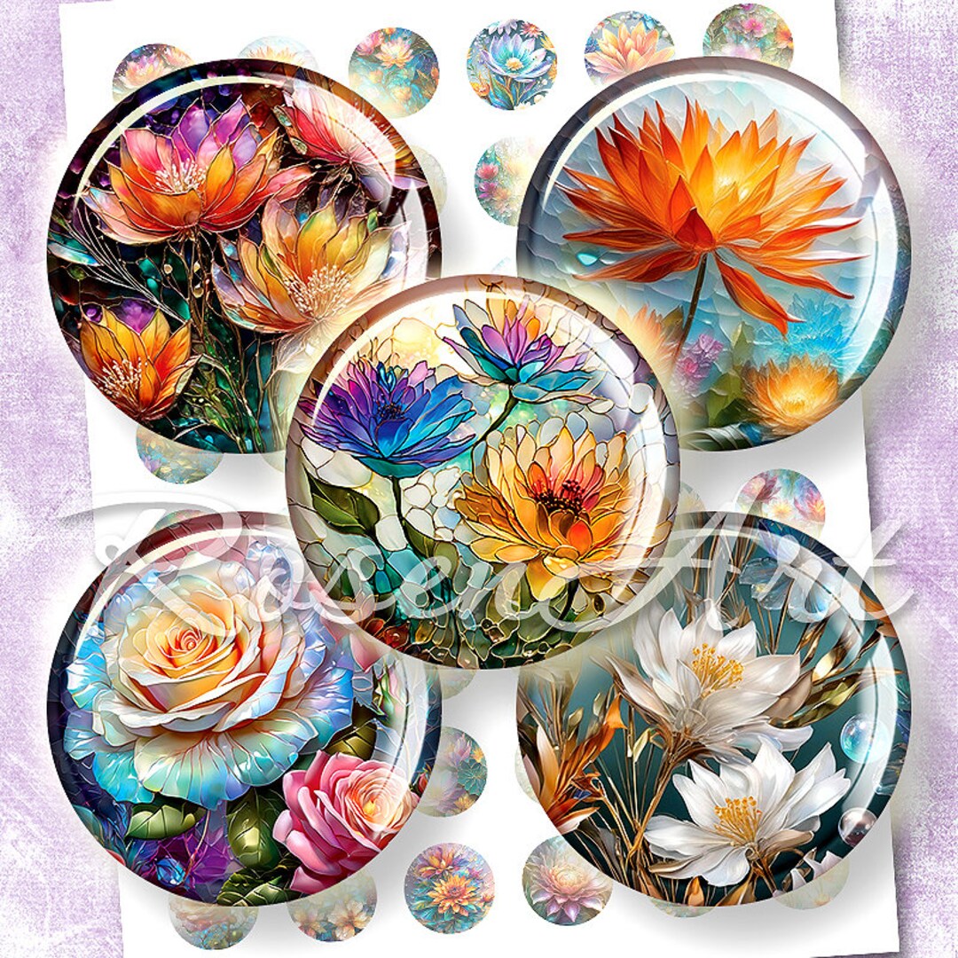 Floral Art 1 Inch Circles, 30mm, 25mm, 1.25", 1.5" Round Printable ...