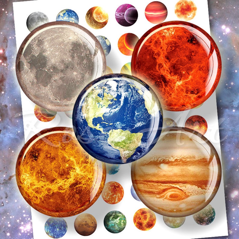 Planets Round Digital Collage Sheet Sun Moon Bottle Cap Images | Etsy