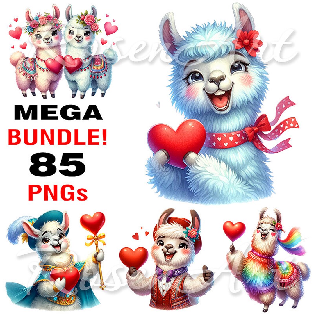 Cute Valentine Llama Clipart Transparent PNG Bundle Watercolor ...