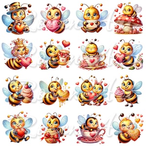 Cute Valentine Bees Clipart Transparent PNG Bundle Watercolor Printable ...