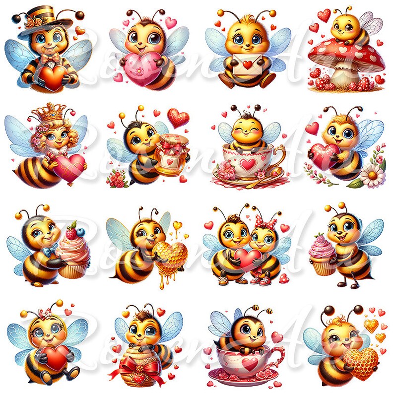 Cute Valentine Bees Clipart Transparent PNG Bundle Watercolor Printable ...