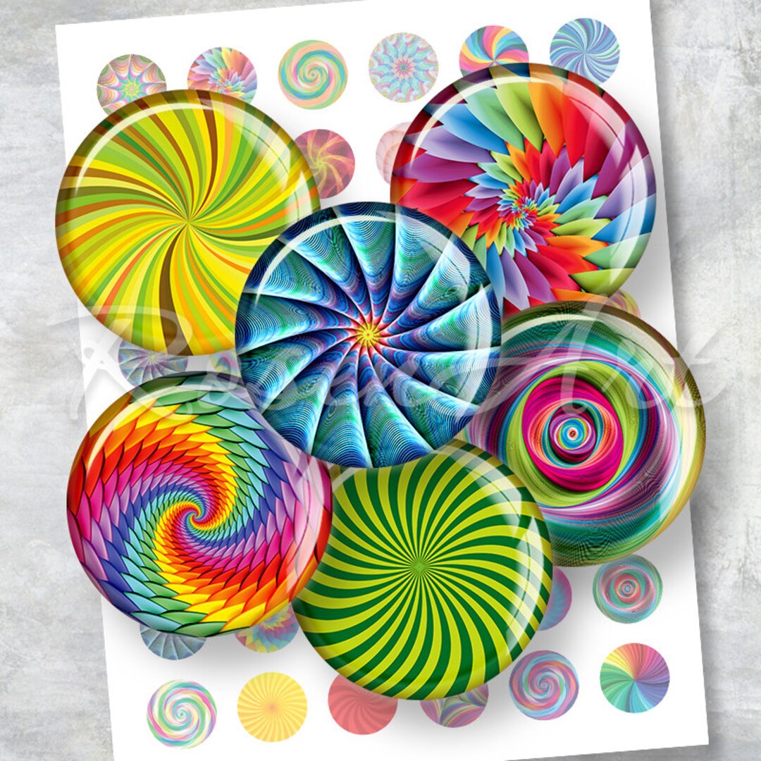 Spirals & Swirls Abstract Digital Collage Sheet Rainbow Bottle Cap ...