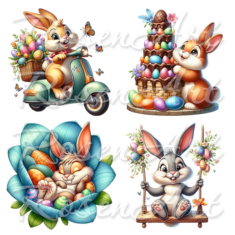 Cute Easter Bunny Clipart Transparent PNG Bundle Rabbit Watercolor ...