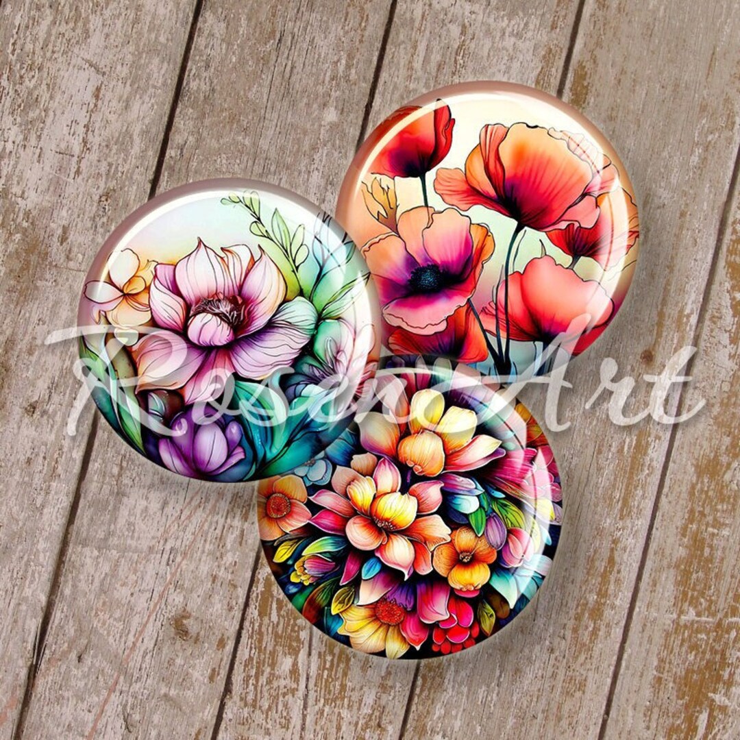 Floral Art 1 Inch Circles, 30mm, 25mm, 1.25", 1.5" Round Printable ...