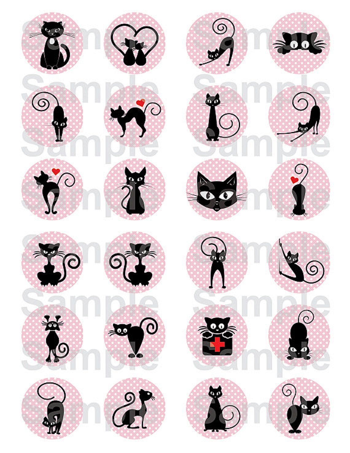 Cute Black Cat Digital Collage Sheet Circles Kitten Bottlecap Images ...