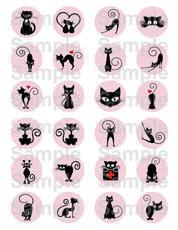 Cute Black Cat Digital Collage Sheet Circles Kitten Bottlecap Images ...