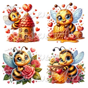 Cute Valentine Bees Clipart Transparent PNG Bundle Watercolor Printable ...