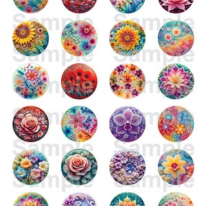 Floral Art 1 Inch Circles, 30mm, 25mm, 1.25", 1.5" Round Printable ...