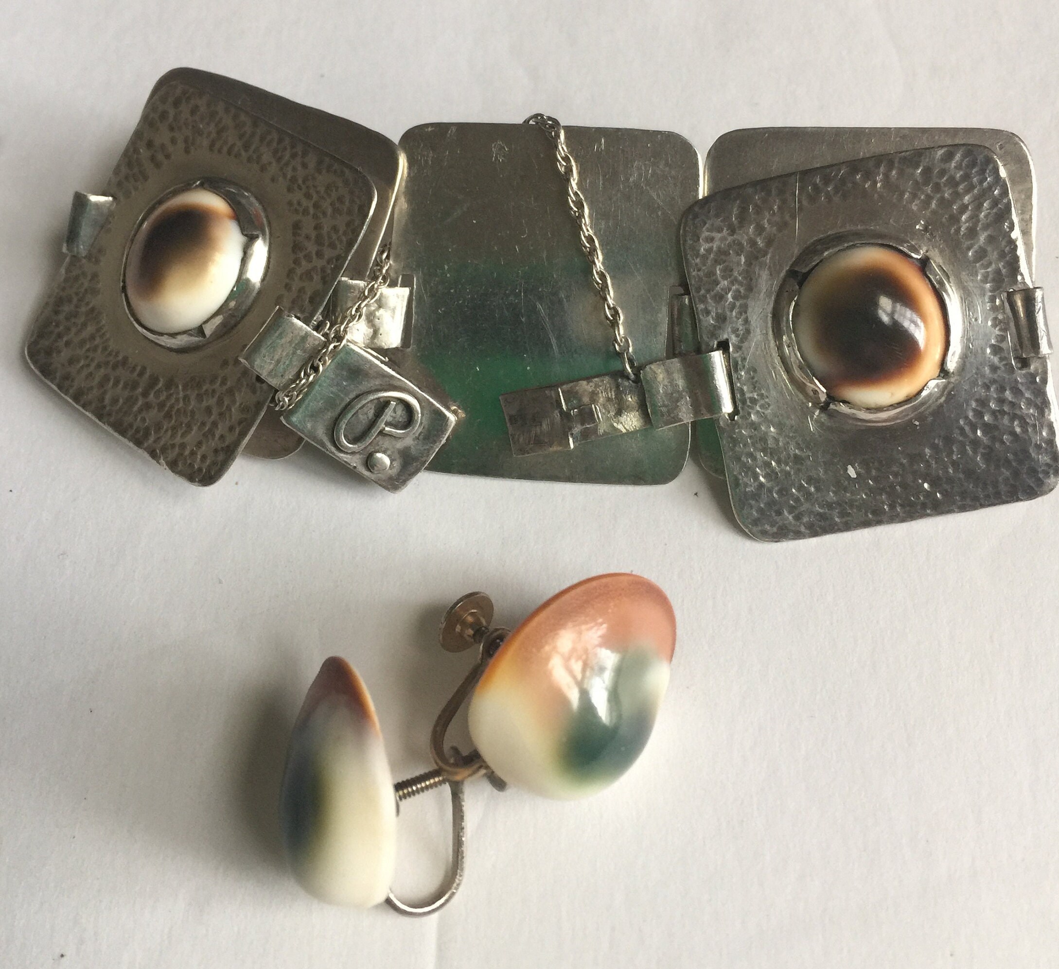 Arts & Crafts Era Sterling Silver and Operculum Bracelet and Earrings ...