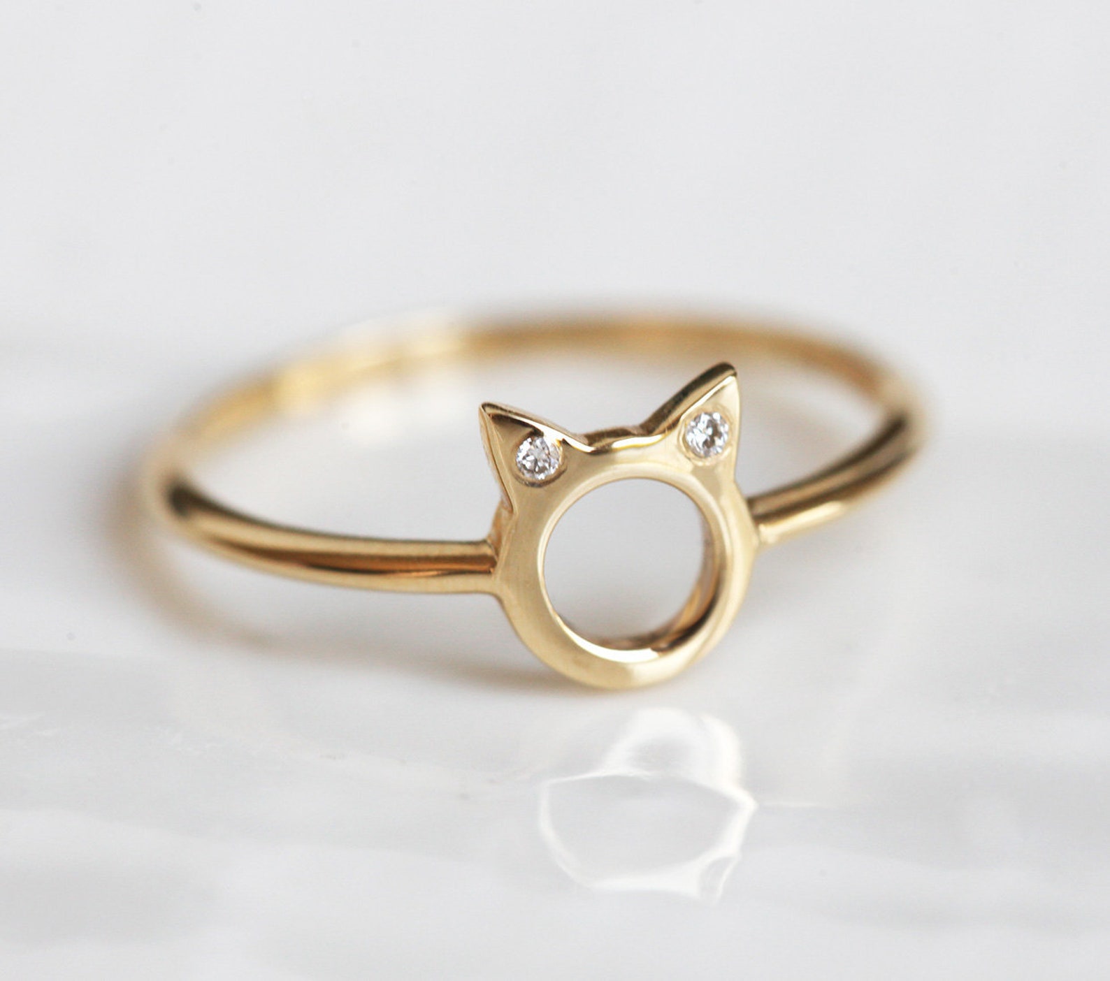 14k Gold Cat Ring Diamond Kitty Ring Delicate Gold Ring - Etsy