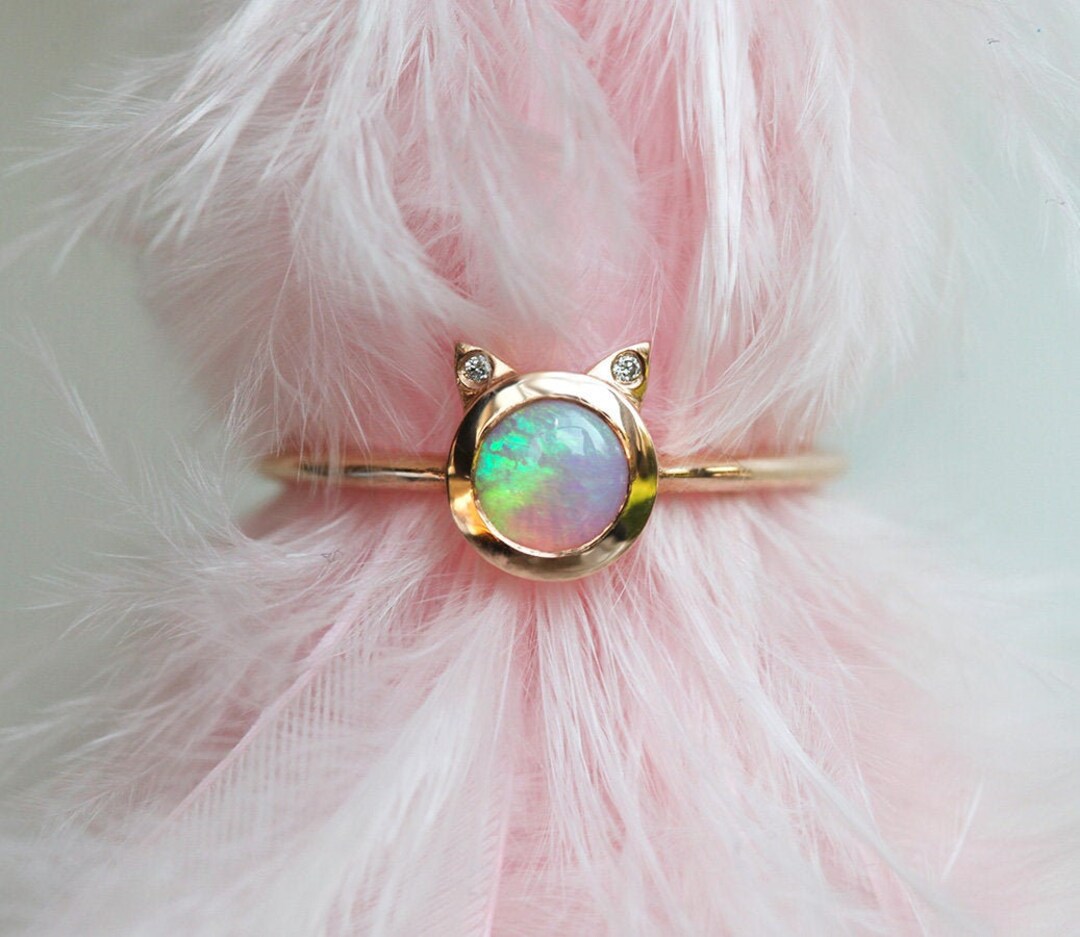 Australian Opal & Diamond Cat Ring, Kitty Ring, 14k or 18k Solid Gold ...