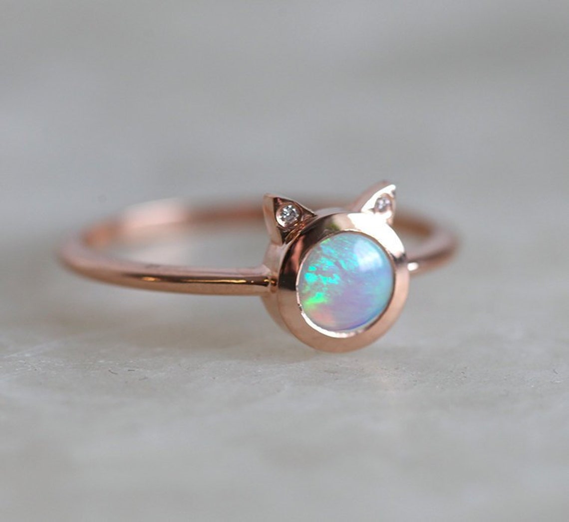 Australian Opal & Diamond Cat Ring Kitty Ring 14k or 18k - Etsy