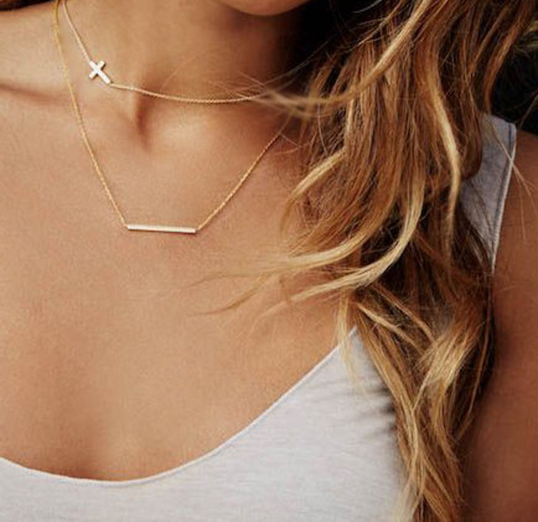 Layered Cross & Bar Necklace Set Gold Sideways Cross Necklace - Etsy