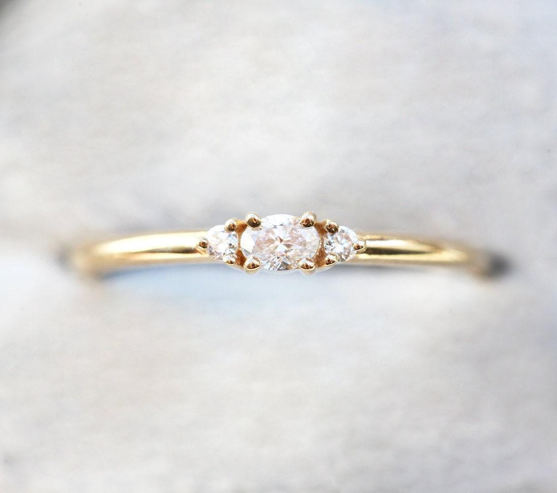 Diamond Engagement Ring, Oval Diamond Ring, Small Three Stone Ring ...