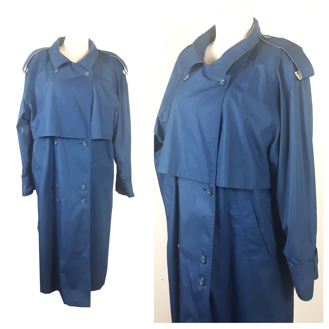 Vintage 80's Coat Duster Trench Long Navy Oversize Fully Lined Power ...