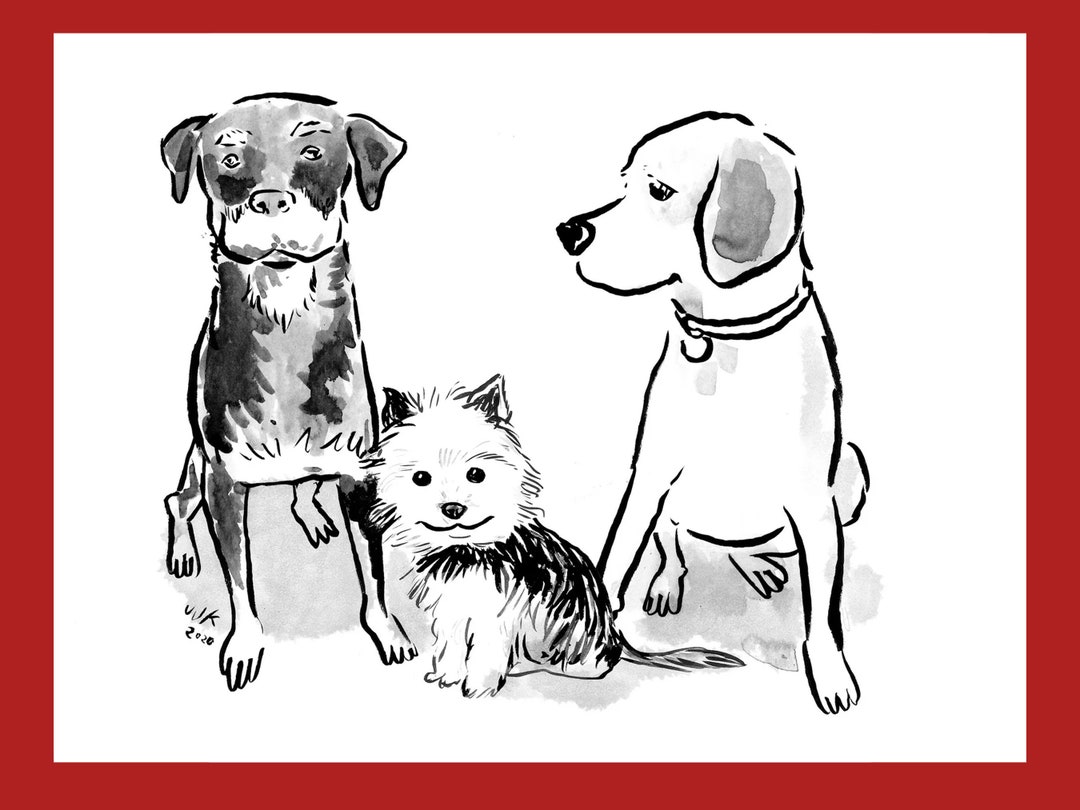 Ink Drawing of Three Pets - Etsy