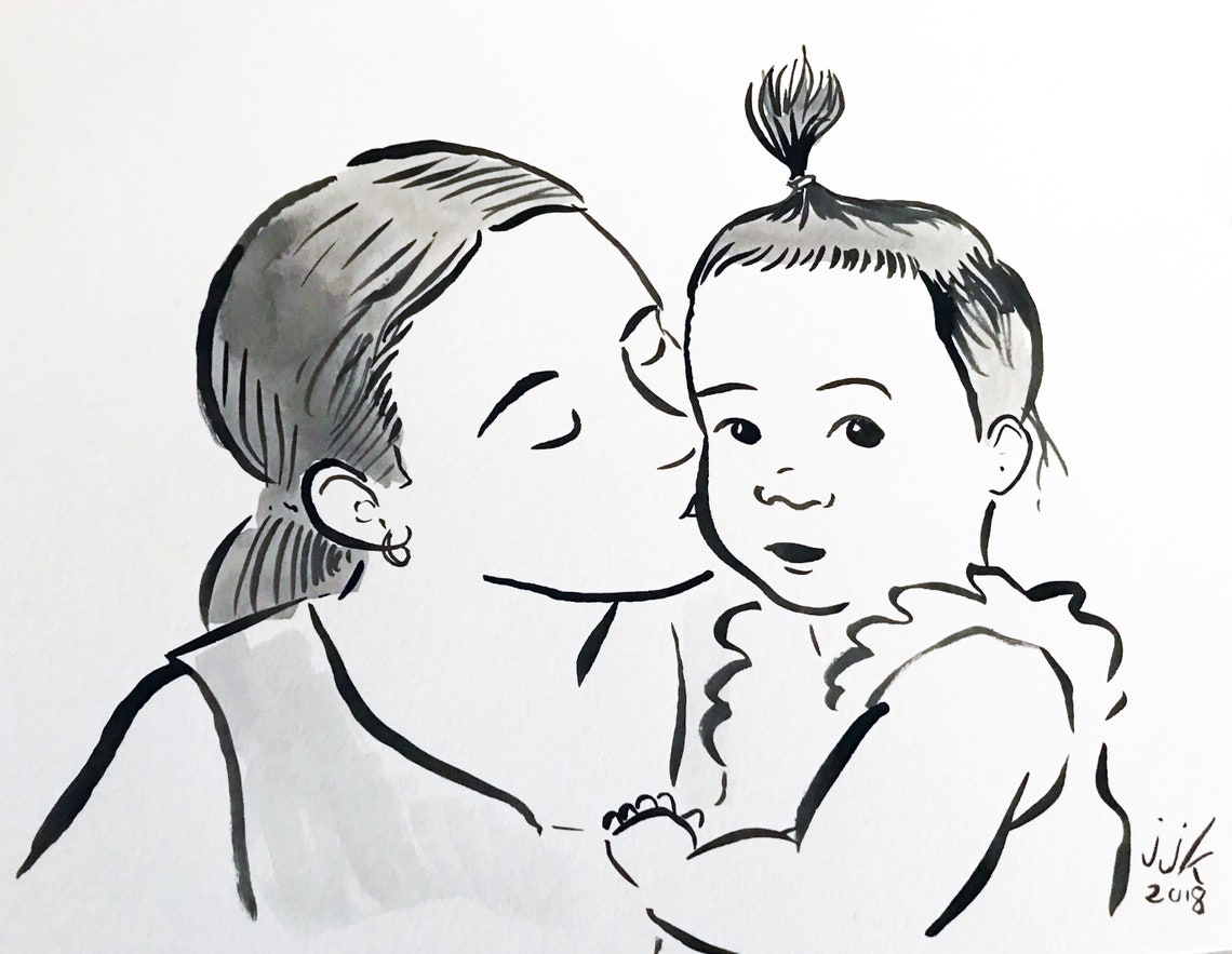 Ink Drawing of Parent and Child | Etsy