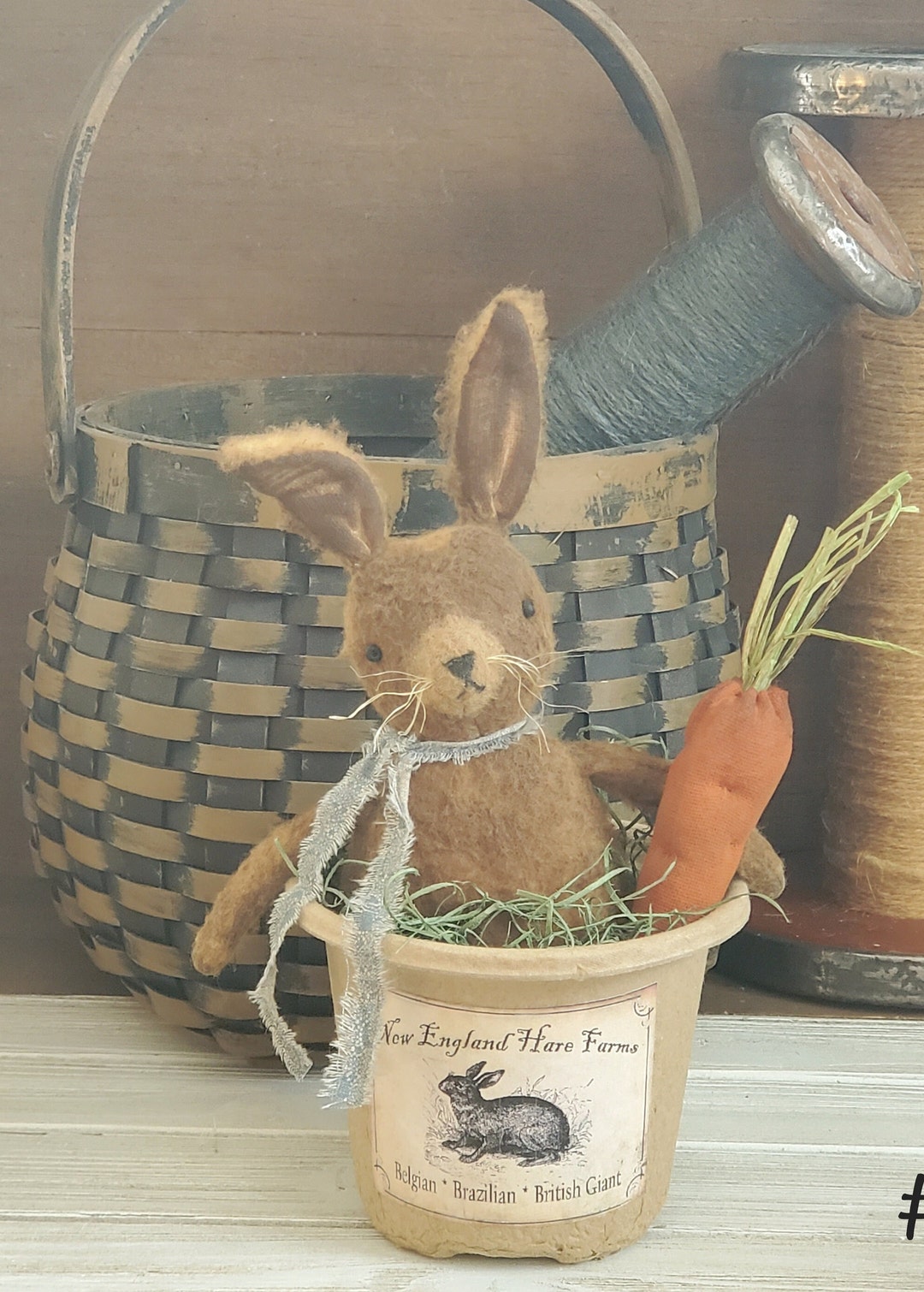 Bunny in a Bucket, Bunny and Carrot, Spring Decor, Easter Decor, Prim ...