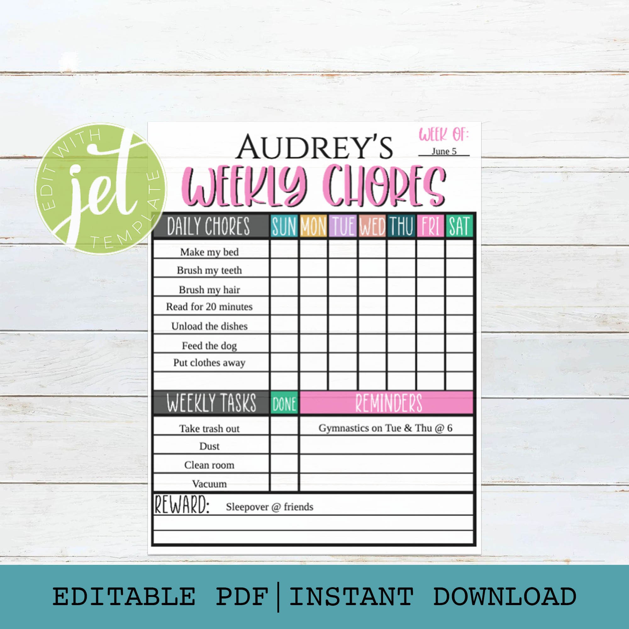 Printable Daily & Weekly Kids Chore Chart | Digital Download | Girls ...