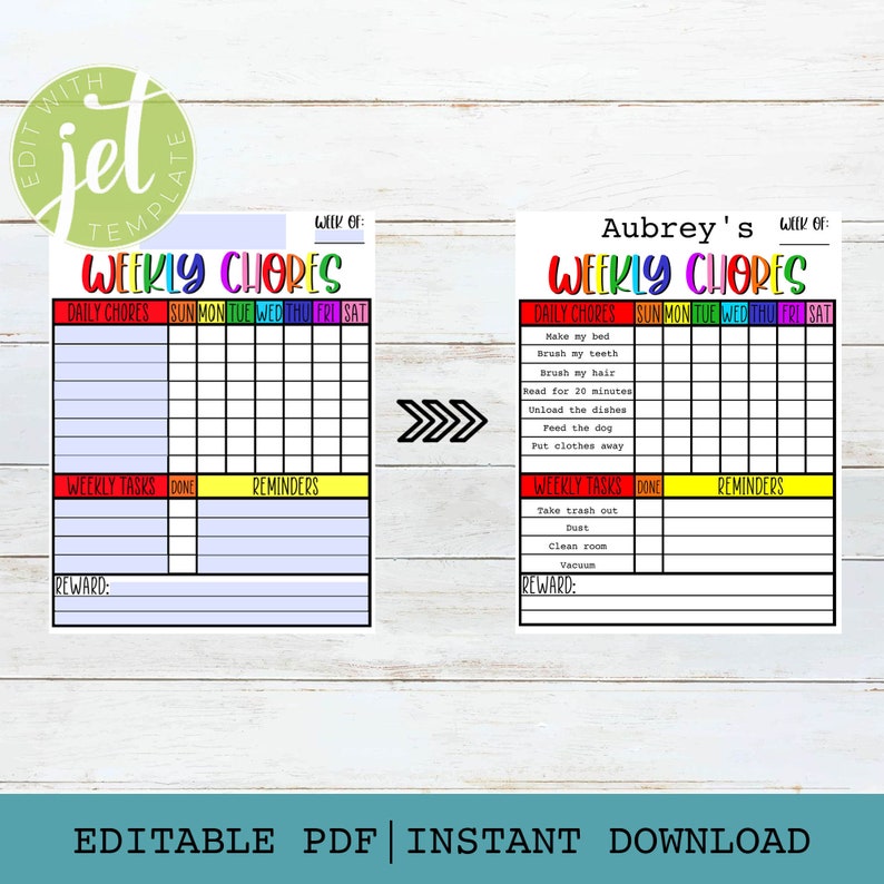 Printable Daily & Weekly Kids Chore Chart | Digital Download | Rainbow ...