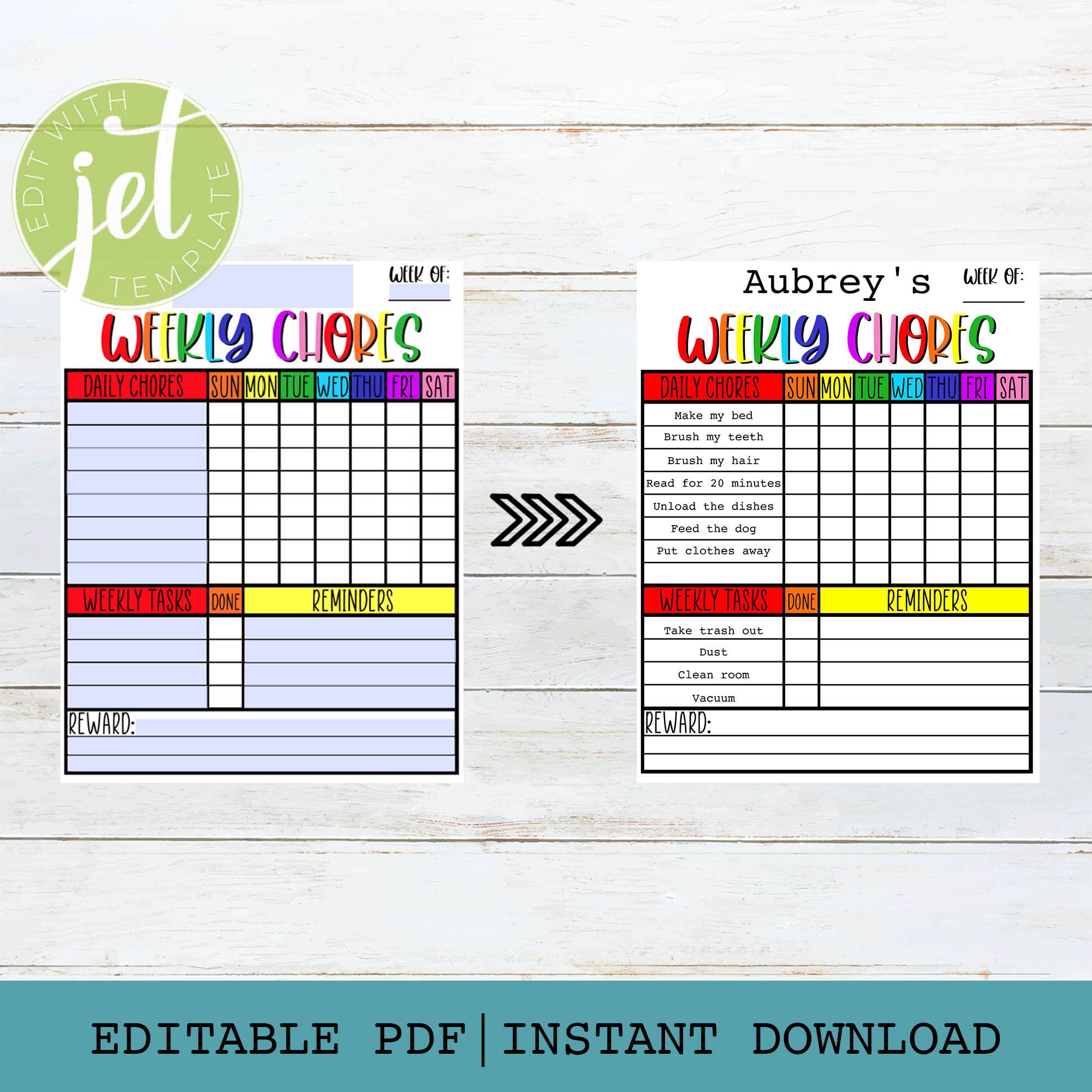 Printable Daily & Weekly Kids Chore Chart | Digital Download | Rainbow ...