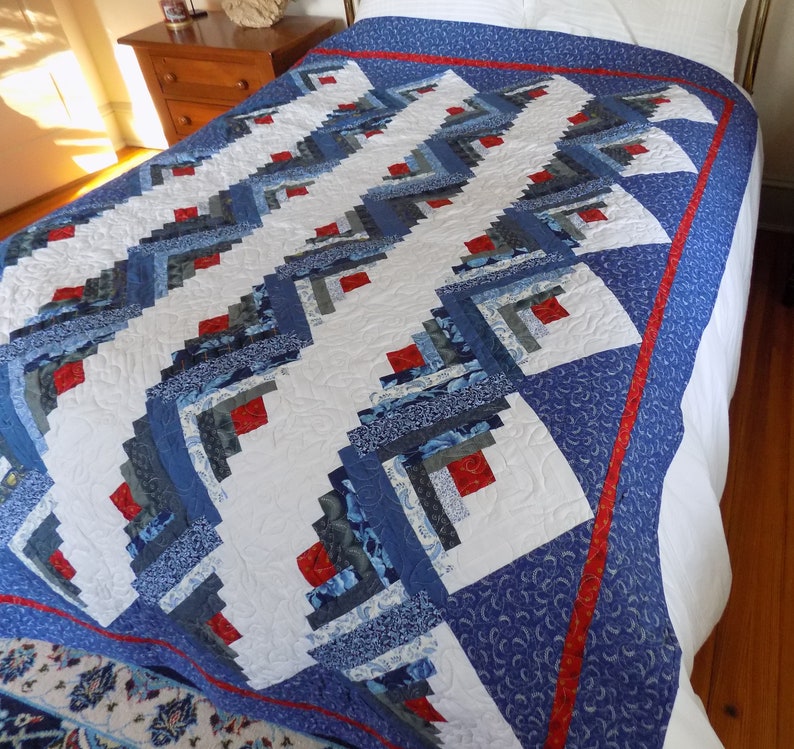 Blue White and Red Log Cabin Lap or Throw Quilt 66 by 93 | Etsy