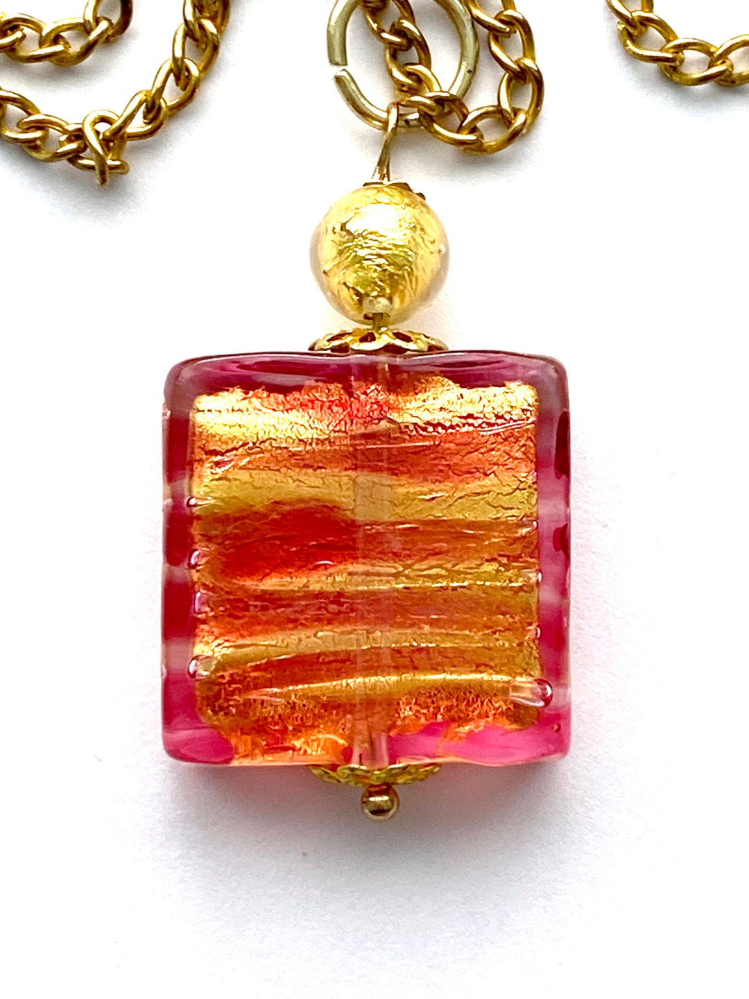 Murano Glass Pendant With Pink and Gold Murano Glass Spangle Bead With ...