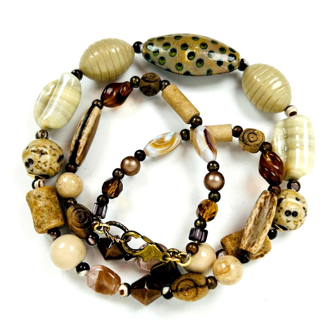 OF WET SAND Putty-colored Beads in Vintage Lampwork Glass, Olive Wood ...