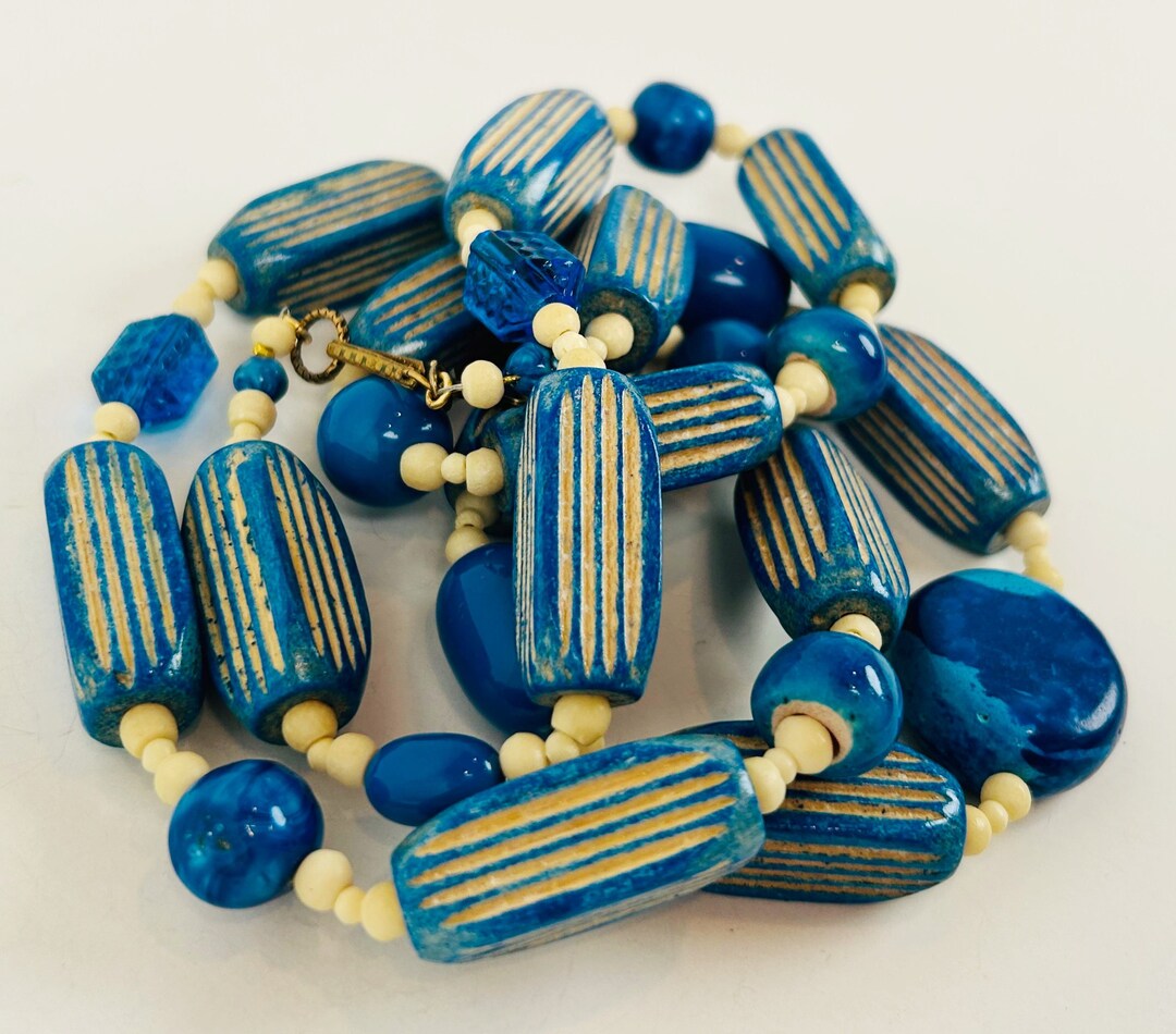 THE AZURE WORLD Caribbean Blue Striated Vintage Wood Beads Alternate ...