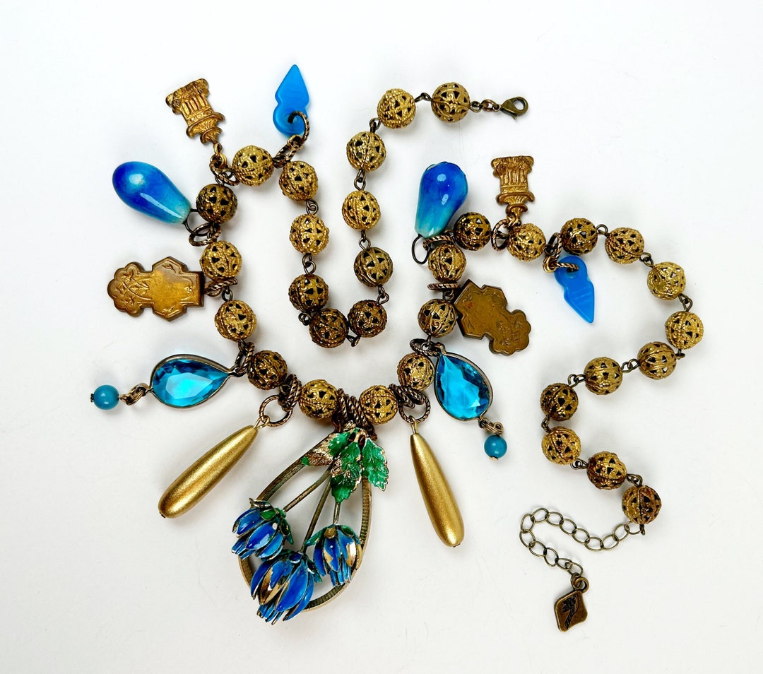 EN PLEIN AIR Aged Brass Caged Beads Support Teardrop Shapes in Azure ...