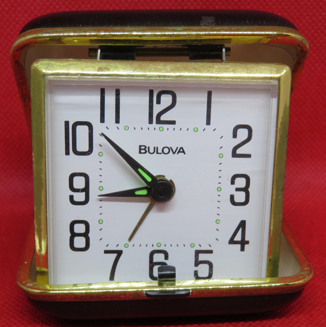 Vintage Bulova Travel Clock / Alarm Clock Leather Brown Back Flip Case ...