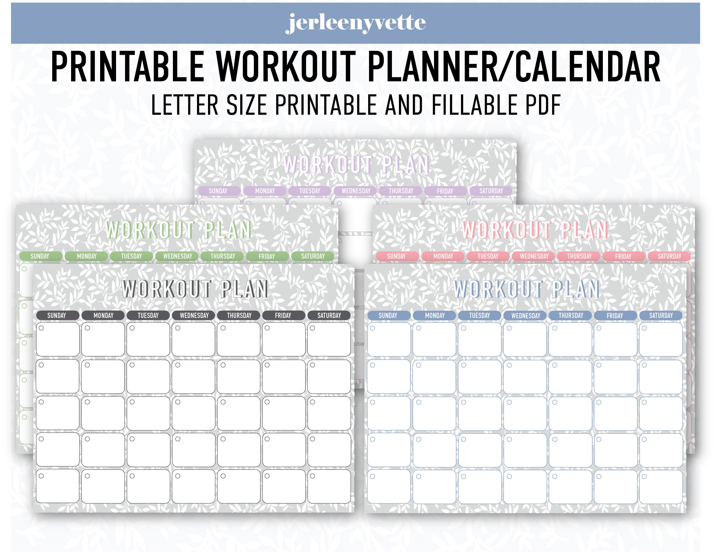 Fillable Printable Workout Calendar | Leaves and Vines Workout Planner ...