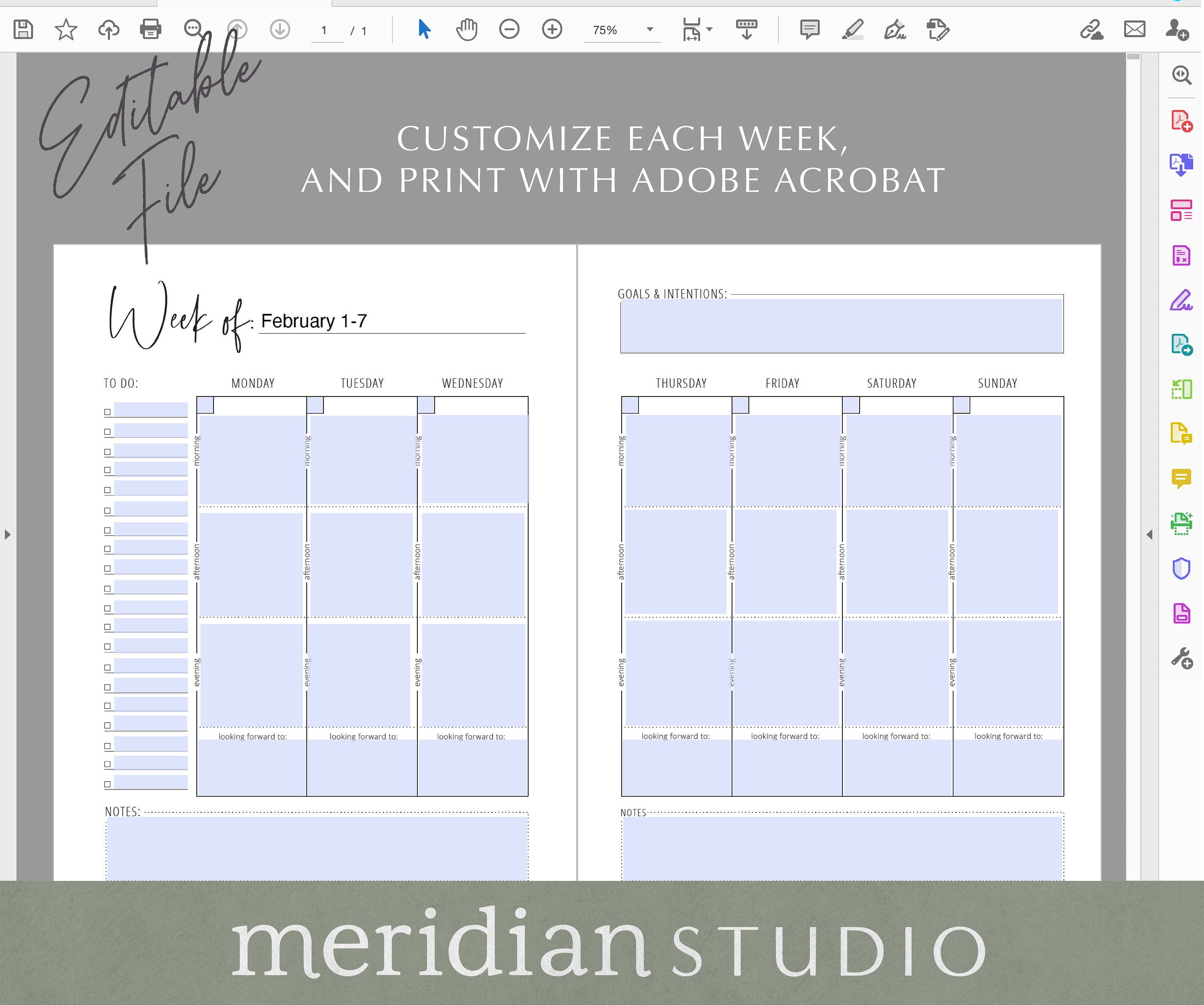 2 Page Weekly Planner Printable Design, Customizable PDF With Time of ...