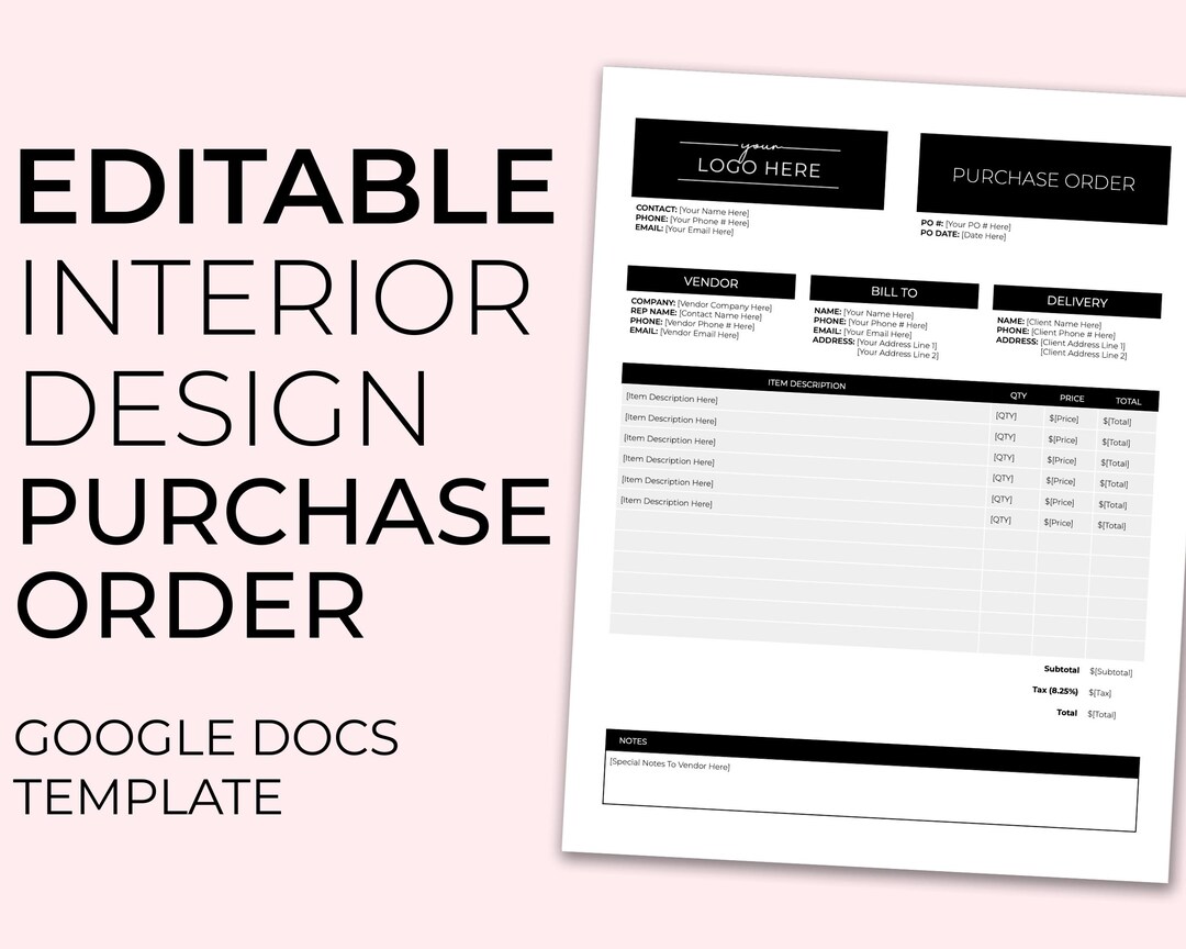 Interior Designer Purchase Order Form | Google Docs Template for Vendor ...