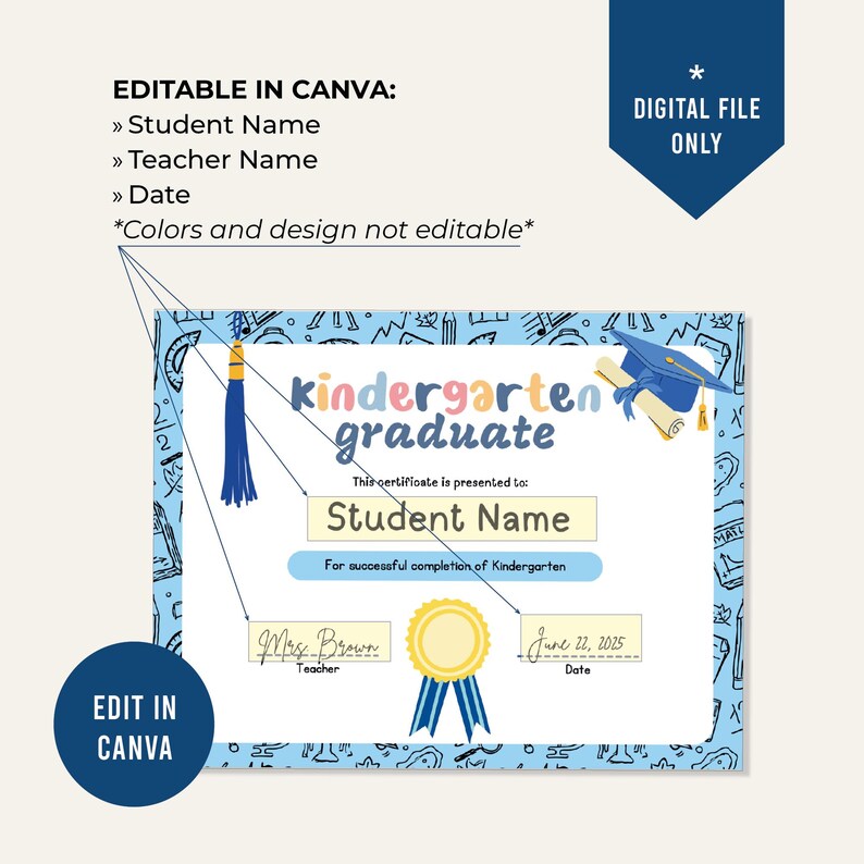 Editable Kindergarten Graduation Diploma Certificate Template CANVA - Etsy