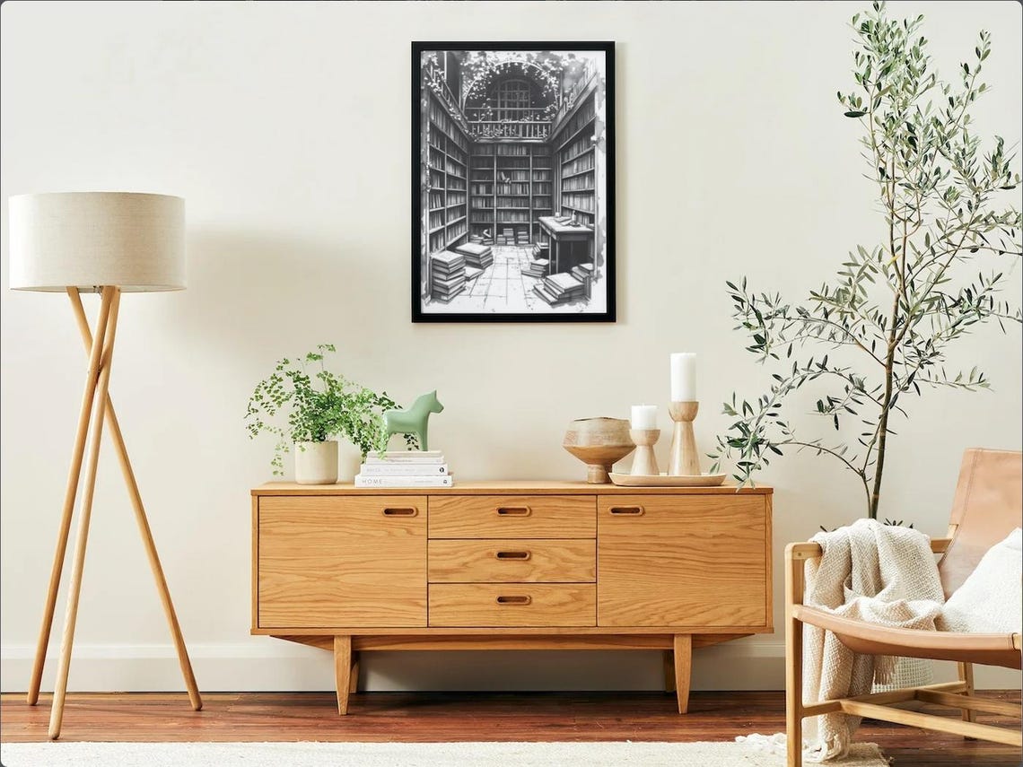 The Living Library ~ Digital Art Print | Dark Academia Aesthetic Ink ...