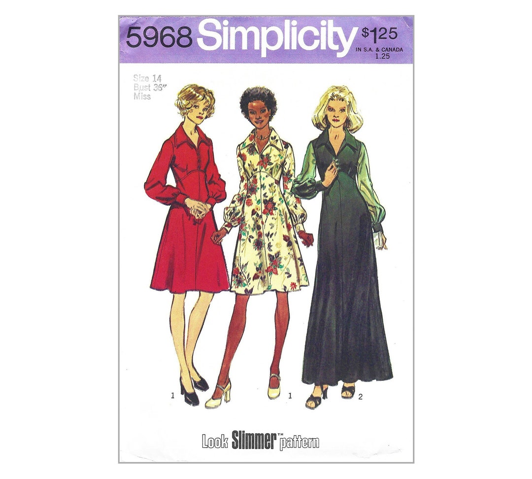 Vintage 1970s Sewing Pattern Simplicity 5968 Misses Long Sleeve Empire ...