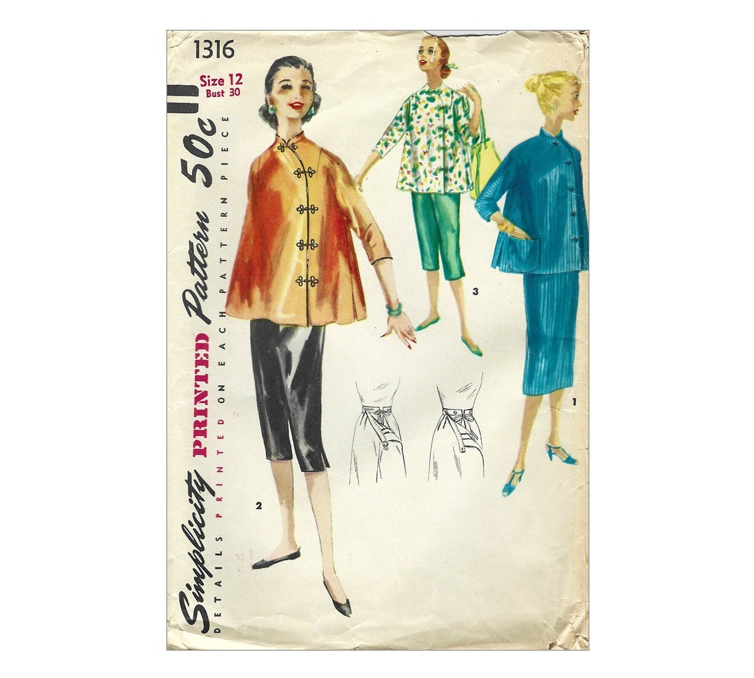 Vintage 1950s Sewing Pattern Simplicity 1316 Misses Loose Fit Mandarin ...