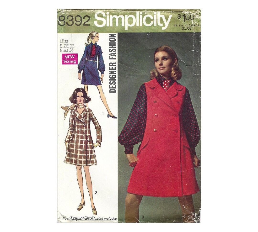 Vintage 1970s Sewing Pattern Simplicity 8392 Misses Double Breasted ...