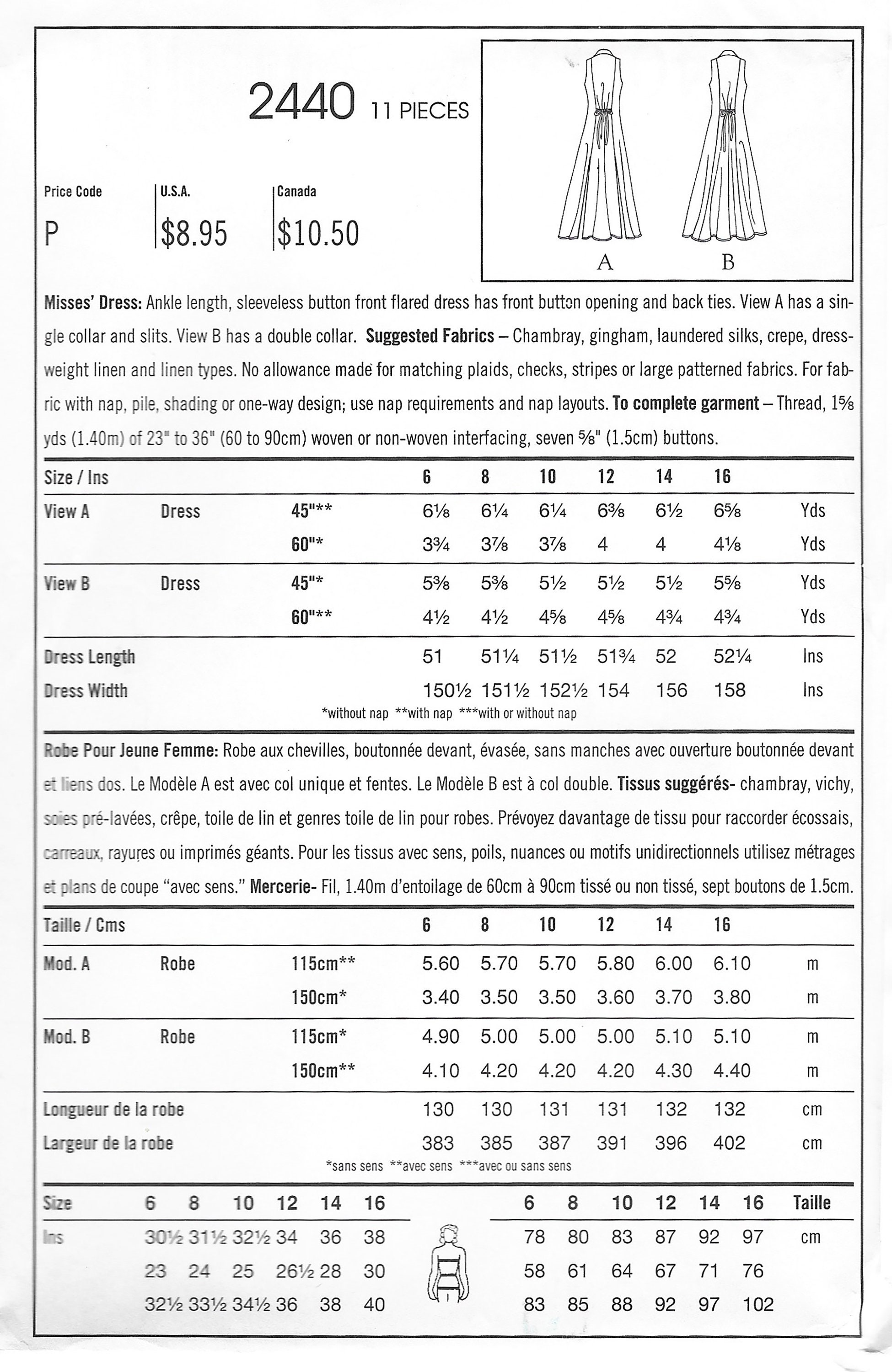 1990s Sewing Pattern Style 2440 Women Sleeveless Princess Seams Dress ...